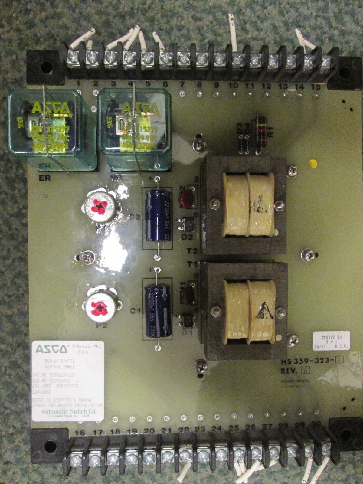 ASCO Non-Automatic Control Panel B386210032C 100A 120V Used