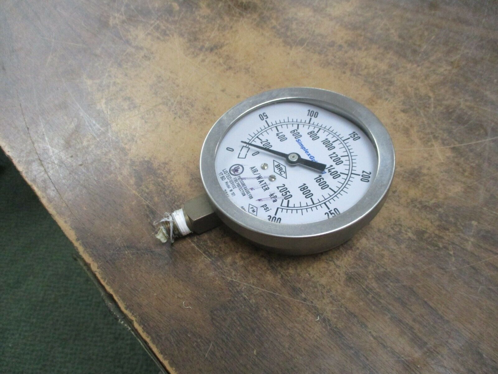 Simplex Grinnell Air/Water Pressure Gauge W 101 0-300PSI Used